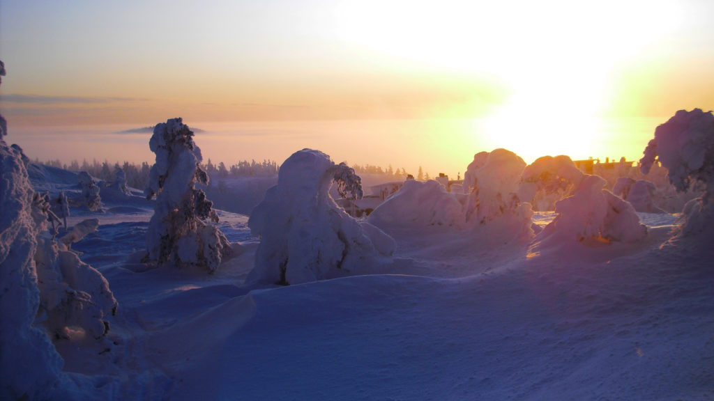 Kuva: auringonlasku -30 asteen pakkasessa Rukan huipulla, Kuusamossa ...